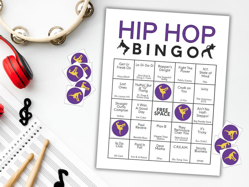 Hip Hop Bingo, Hip Hop Music Bingo, R&B Hip Hop Music Hits, Rap Music ...
