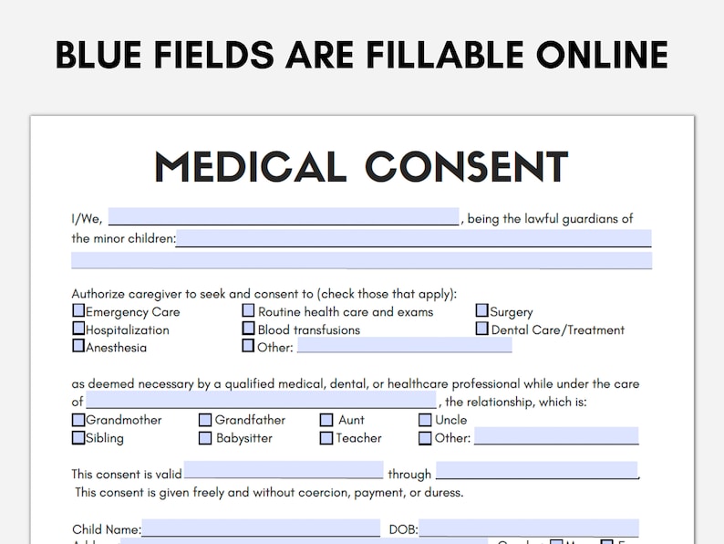 Child Medical Consent Form, in Case of Emergency, Childcare Planner ...