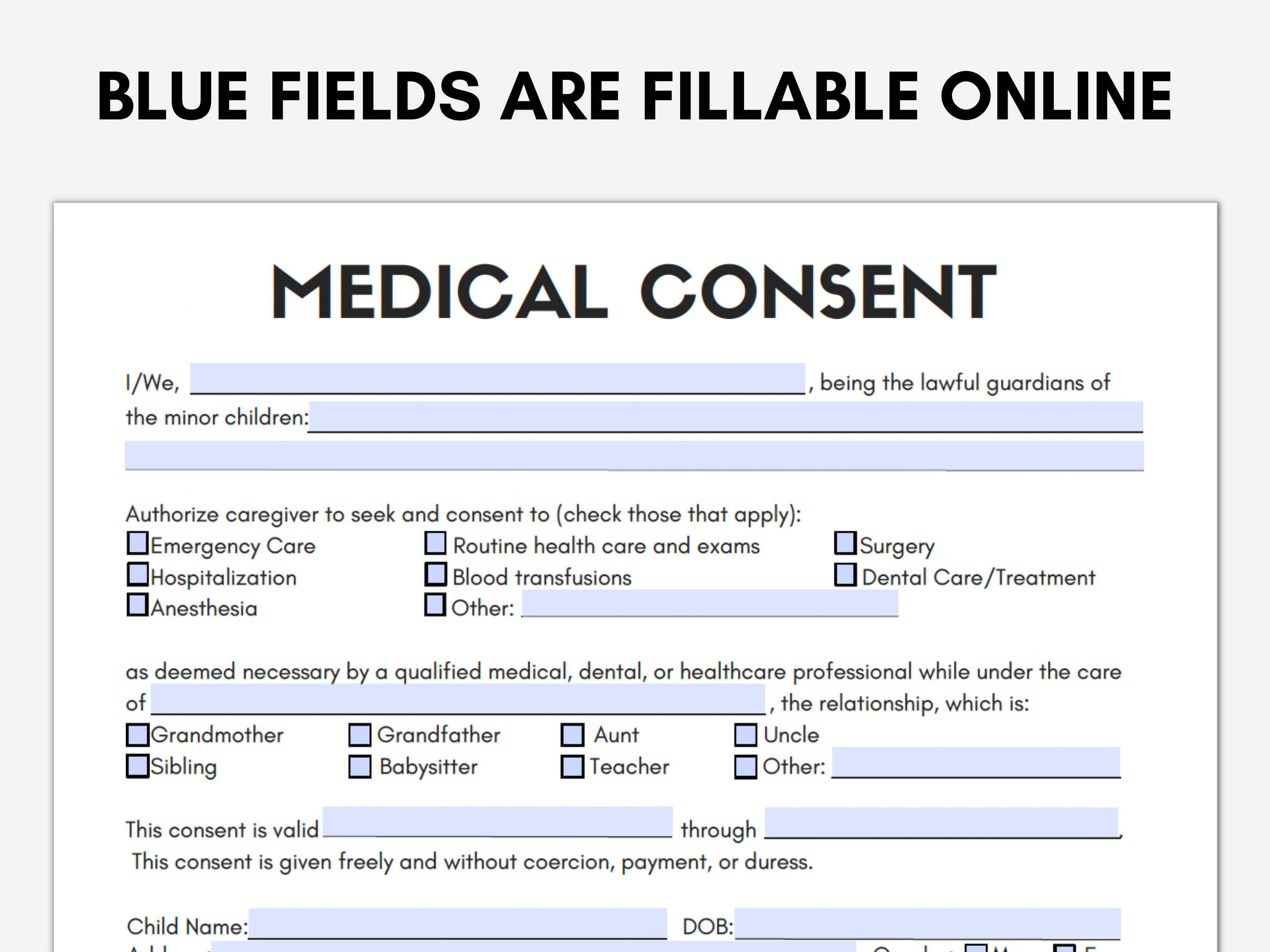 Child Medical Consent Form, in Case of Emergency, Childcare Planner ...