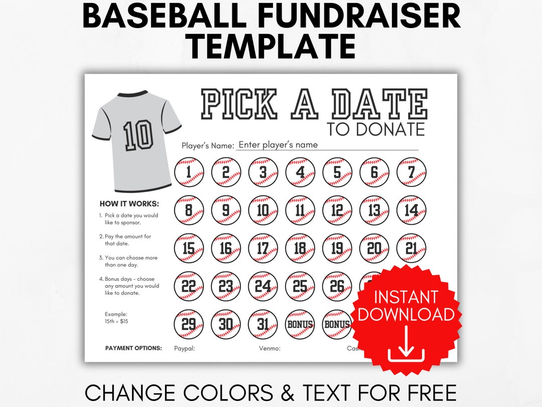 Editable Baseball Fundraiser, Pick a Date Fundraiser, Baseball Pick a ...