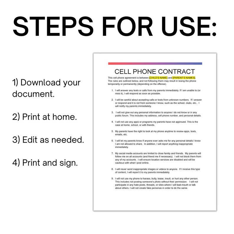 Kid/teen Cell Phone Contract Printable Download, Technology Screen ...