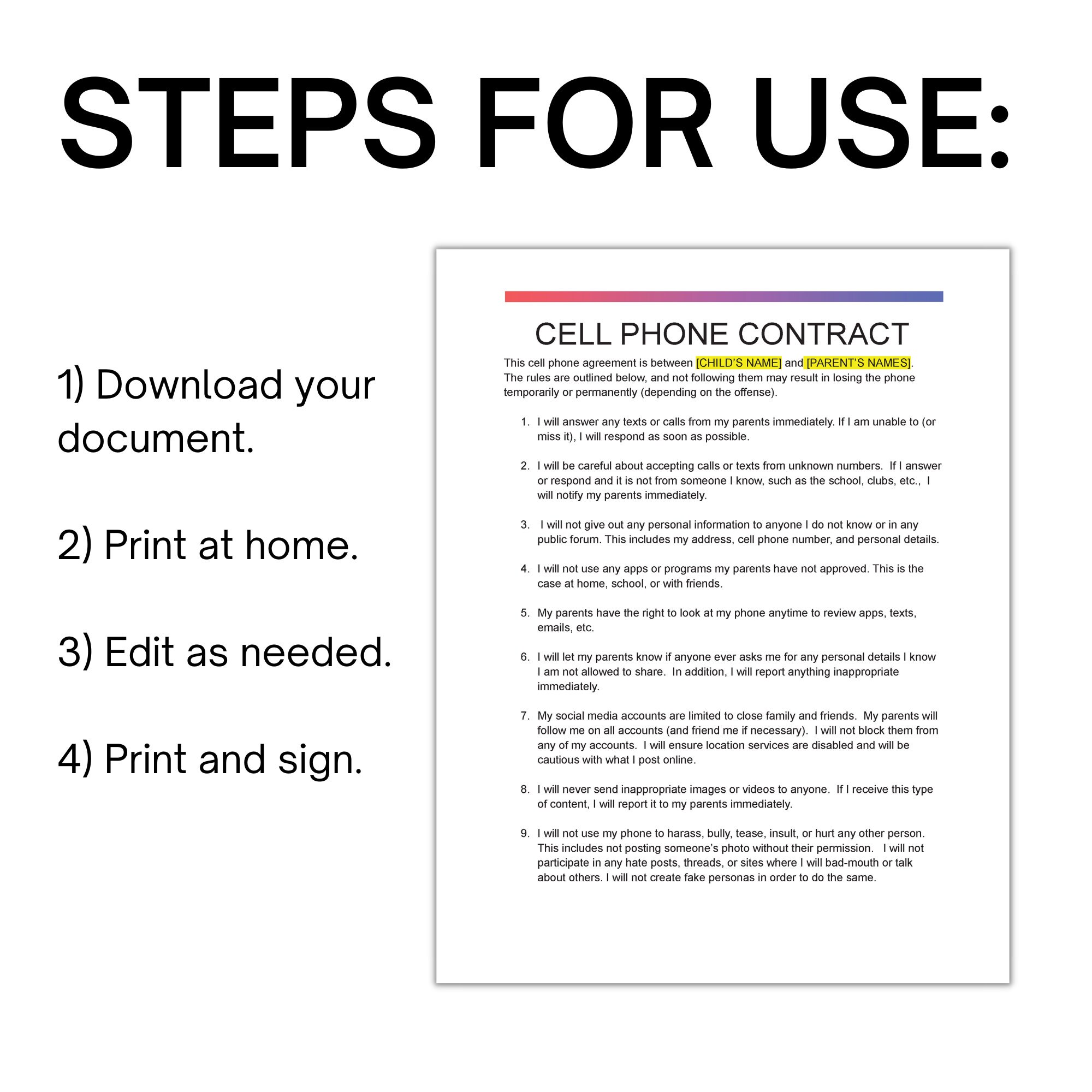 Kid/teen Cell Phone Contract Printable Download, Technology Screen ...