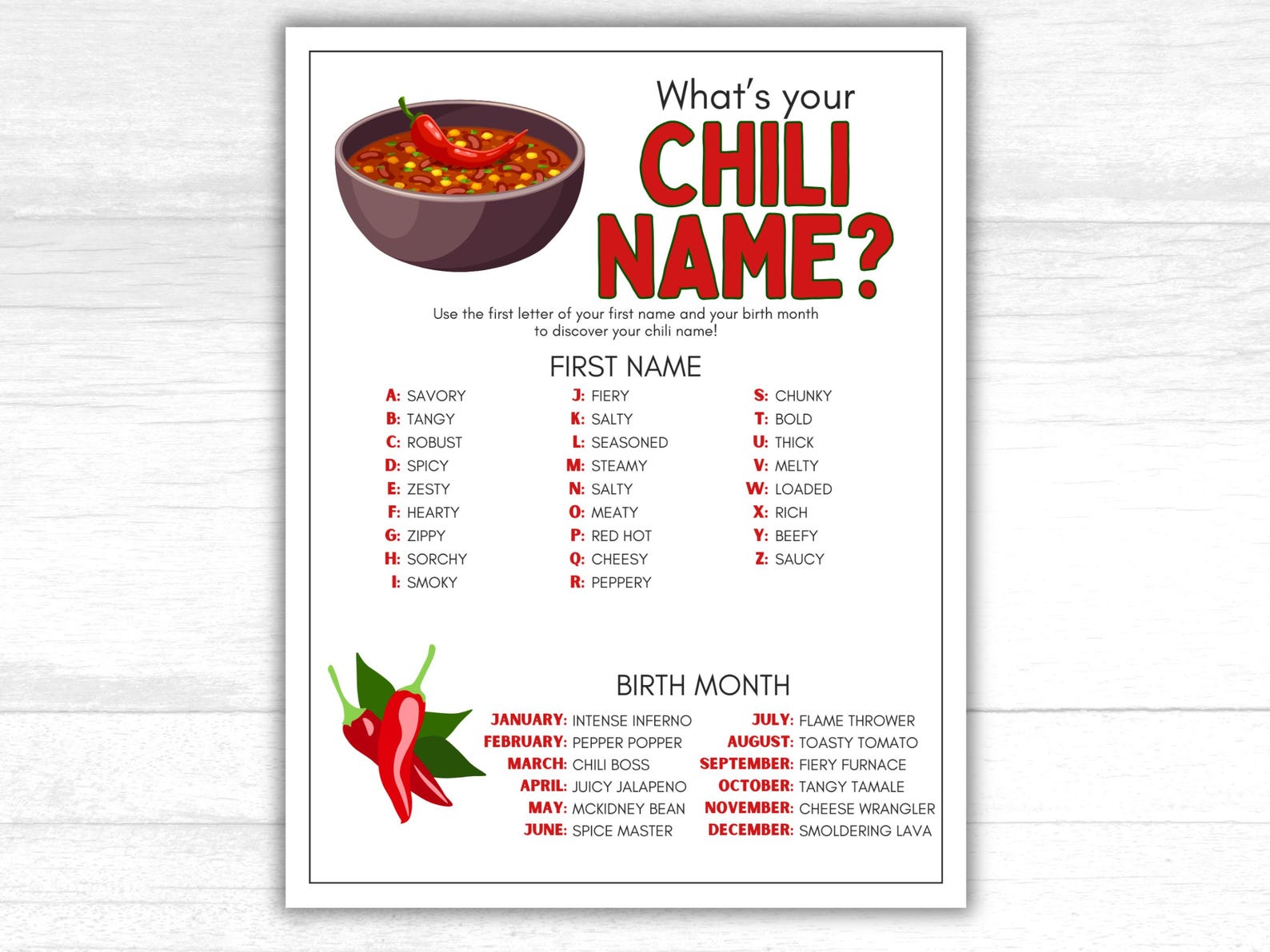 What's Your Chili Name Game, Chili Cookoff Party Game, Chili Cook-off ...