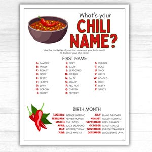 What's Your Chili Name Game, Chili Cookoff Party Game, Chili Cook-off ...