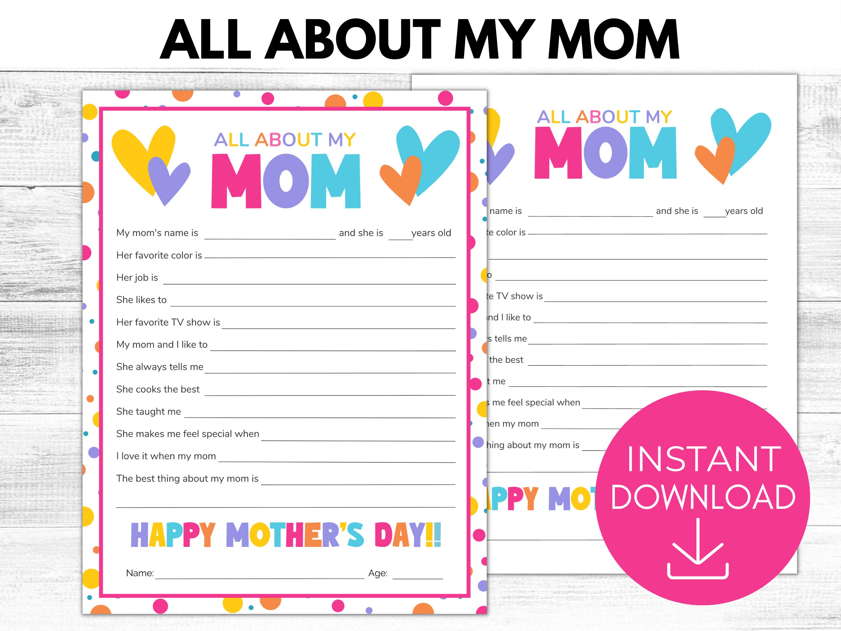 All About My Mom Printable, Mother's Day Gift, All About Mom Keepsake ...