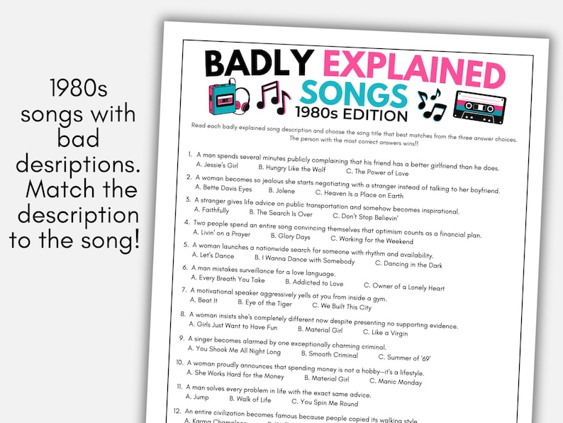 80s Badly Explained Songs Game, 80s Music Trivia, 1980s Activity ...