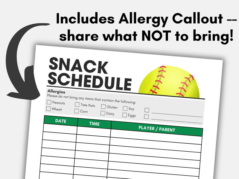 Softball Snack Schedule, Softball Snack Sign up Sheet Template, Tball ...