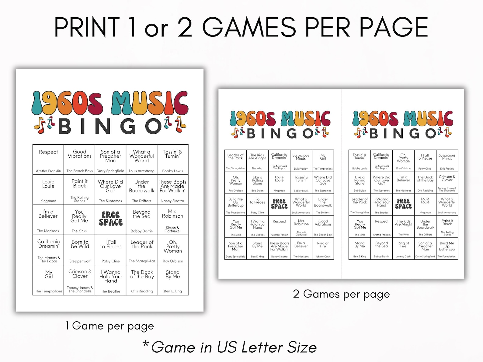 1960s Music Bingo, 1960s Game, Music Bingo Game, 60s Party, 60s Party ...