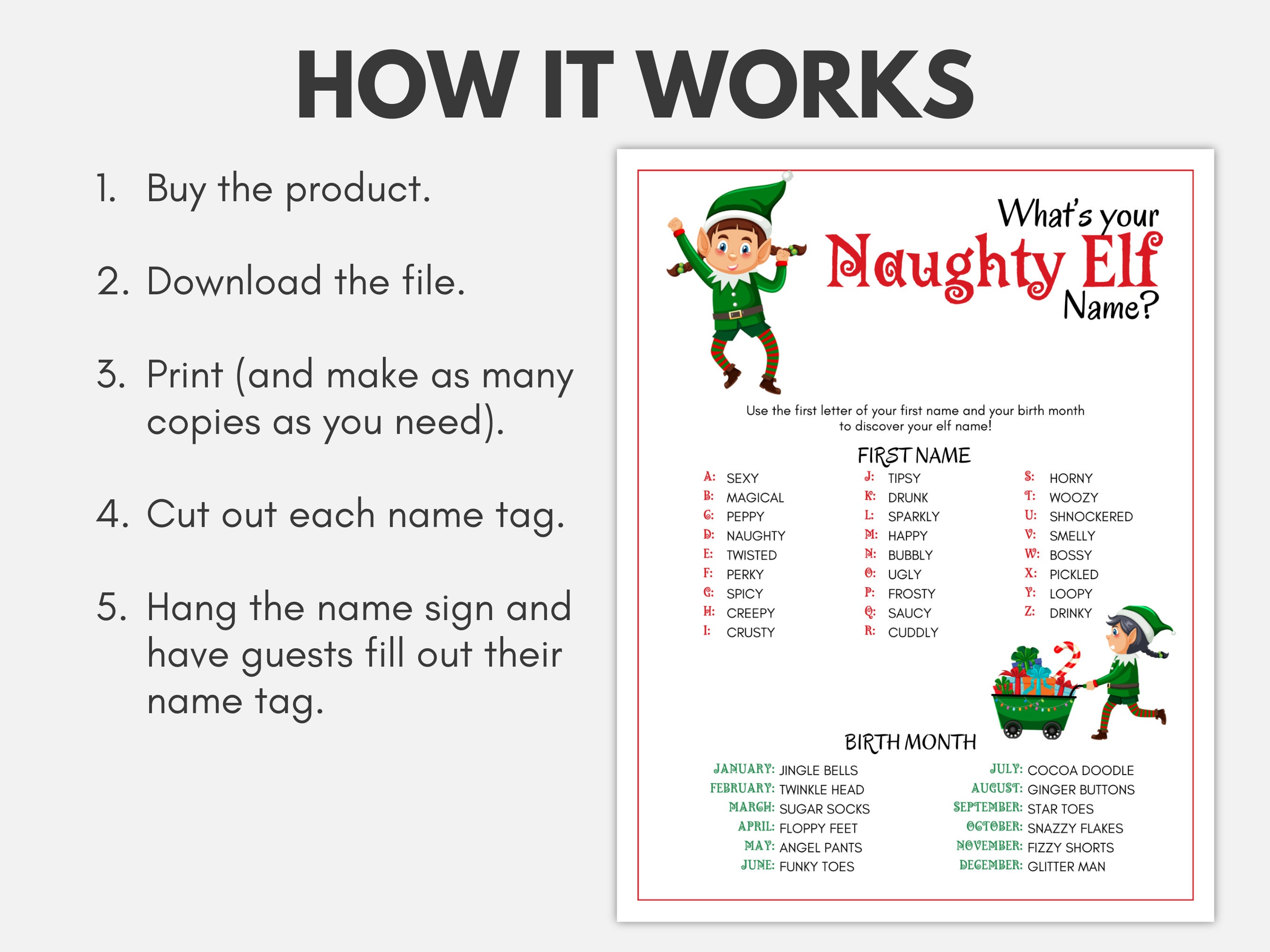 What's Your Naughty Elf Name Game, Elf Party Game, Ugly Sweater Game ...