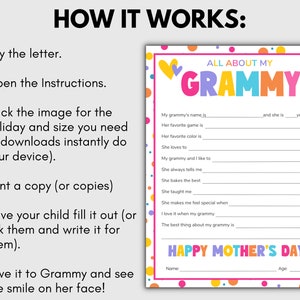 All About My Grammy Printable, Grandma Mother's Day Gift, All About ...