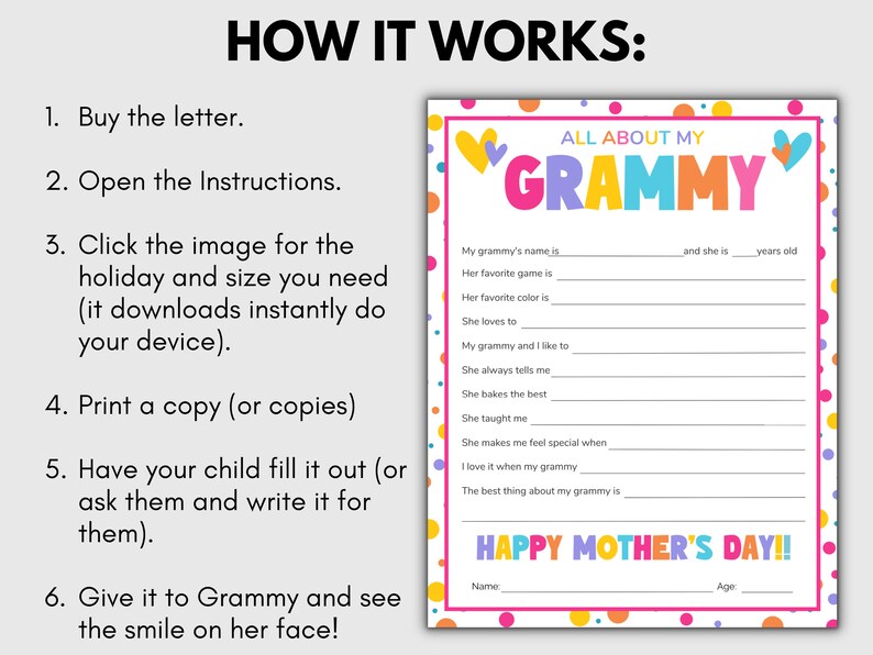 All About My Grammy Printable, Grandma Mother's Day Gift, All About ...
