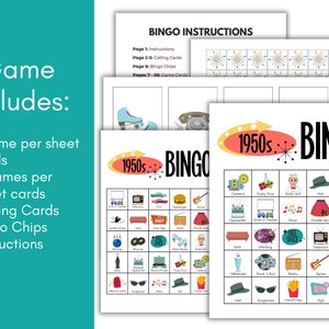 1950s Bingo, 50s Bingo, 50s Game, 1950s Bingo Cards, 50s Party Game ...