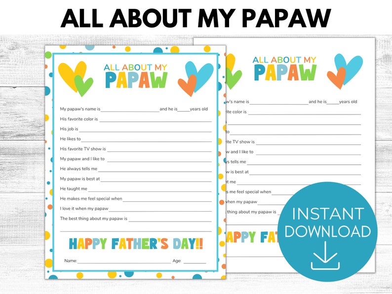All About My Papaw Printable Grandpa Father's Day Gift - Etsy