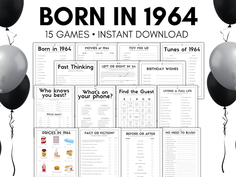 60th Birthday Party Games, Born in 1964 Game, 60th Birthday Games, 1964 ...