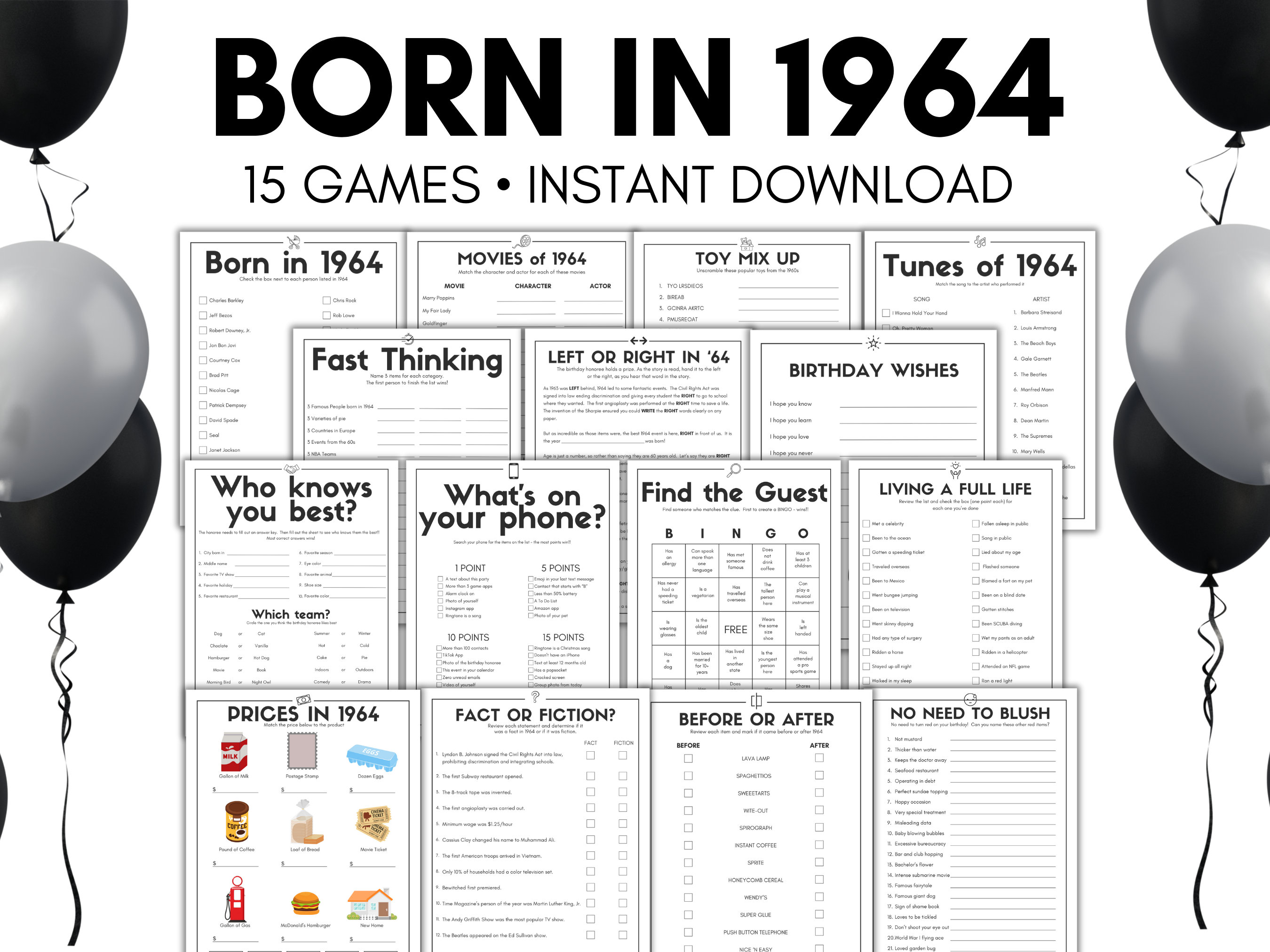60th Birthday Party Games, Born in 1964 Game, 60th Birthday Games, 1964 ...