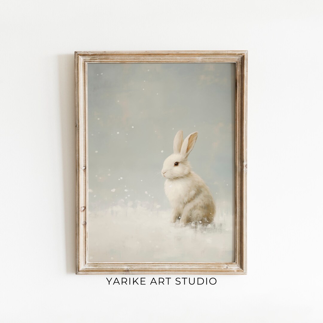 Winter Bunny Painting | Vintage Christmas Rabbit Wall Art (digital ...