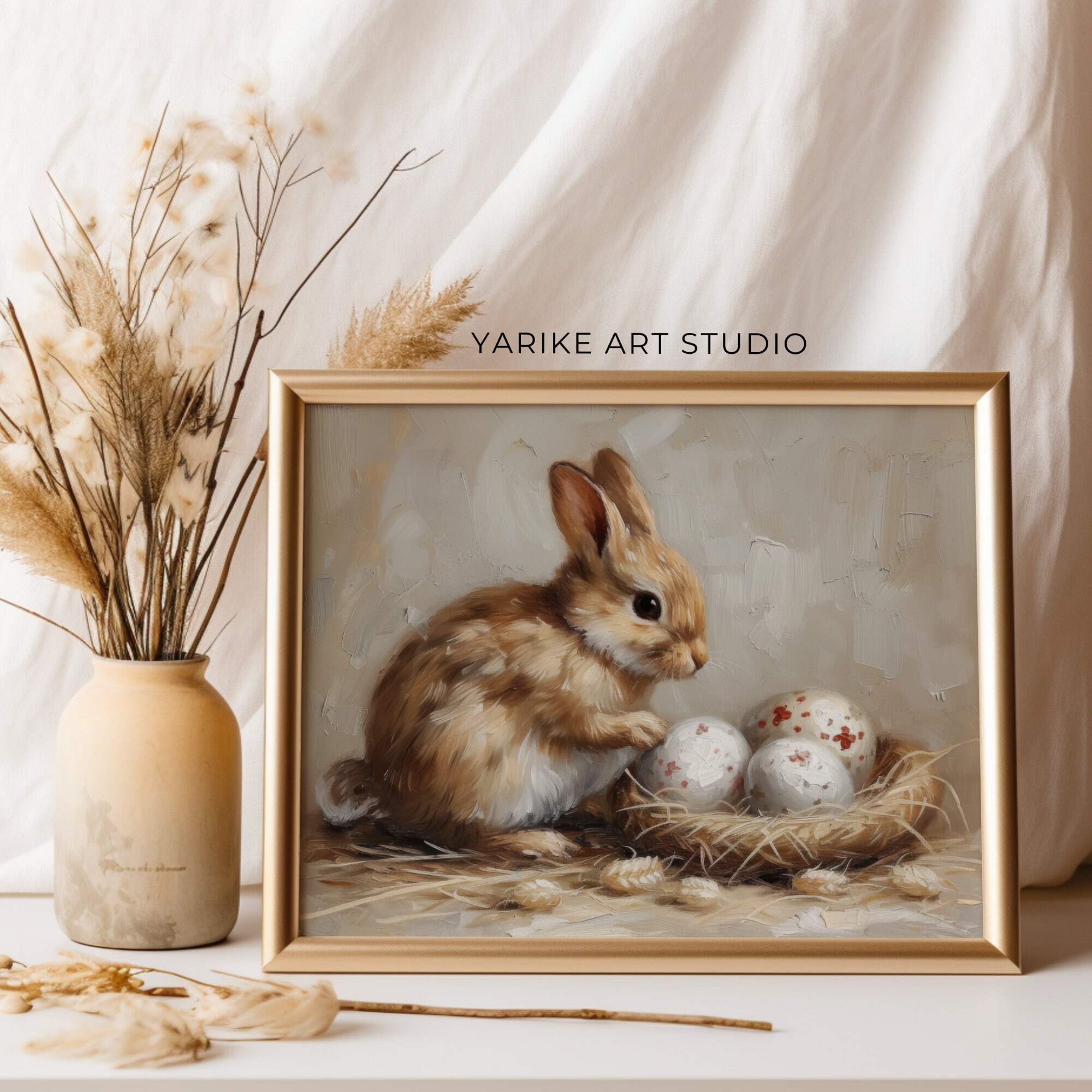 Printable Vintage Easter Bunny Cute Rabbit With Eggs Neutral Easter ...