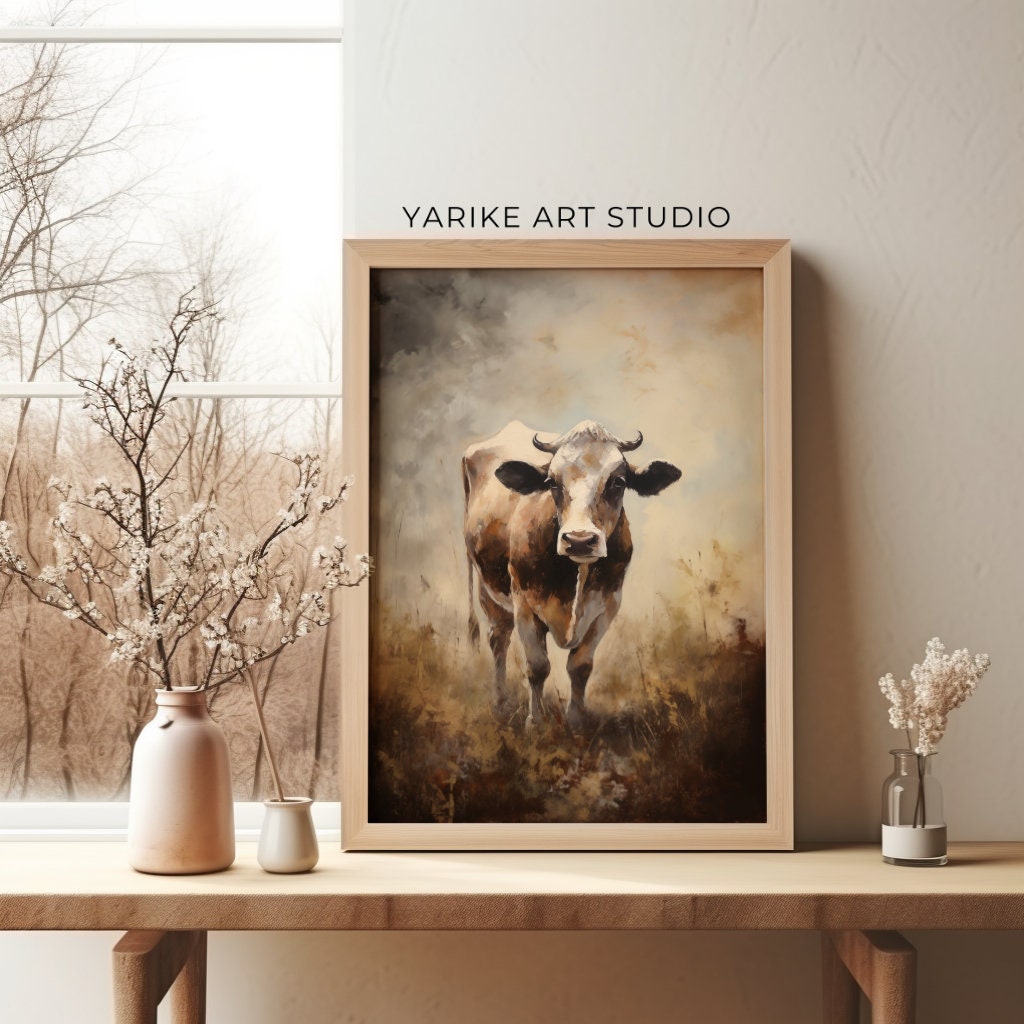 Vintage Cow Print Neutral Country Wall Art Cow Art Rustic Farmhouse Decor Antique Farmhouse Oil ...