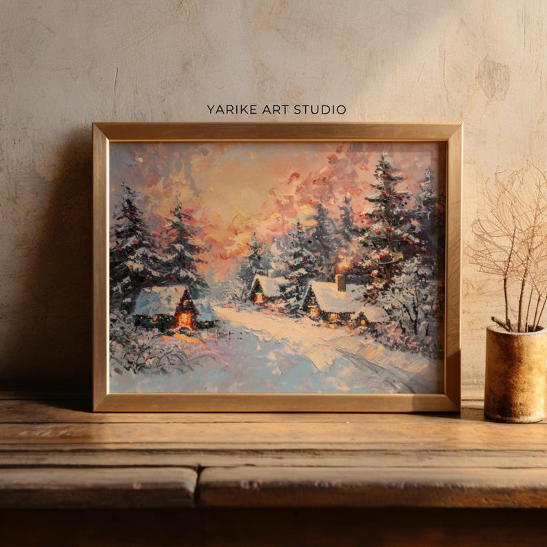Impressionistic Winter Village Painting, Snowy Landscape Art (digital ...