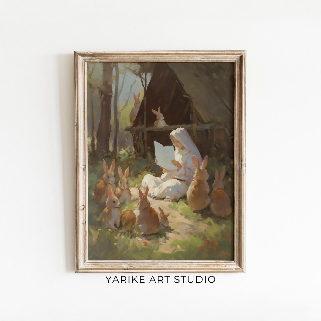Cute Easter Bunny Reading Book Art Easter Print Easter Wall Art Spring ...