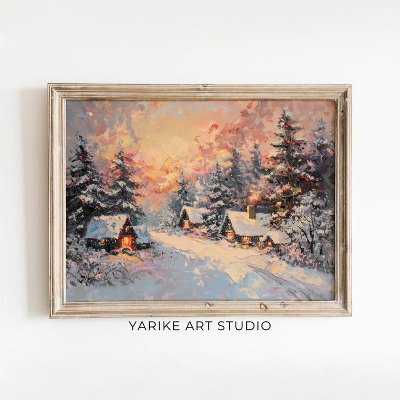 Impressionistic Winter Village Painting, Snowy Landscape Art (digital ...