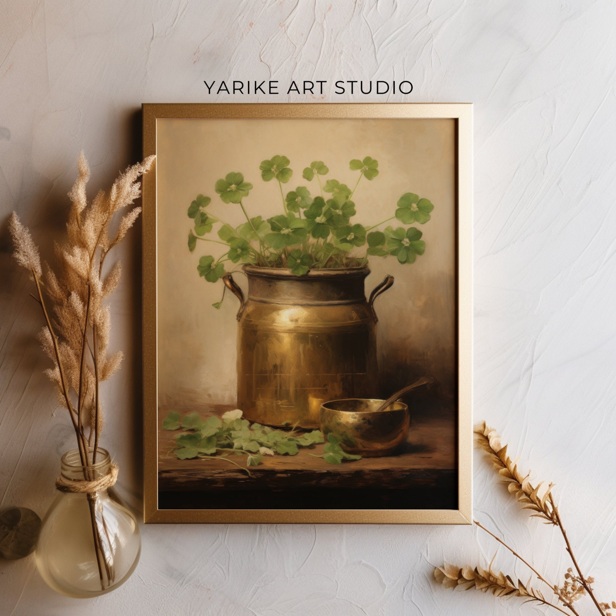 Four Leaf Clover Still Life Painting St Patricks Day Print Vintage ...