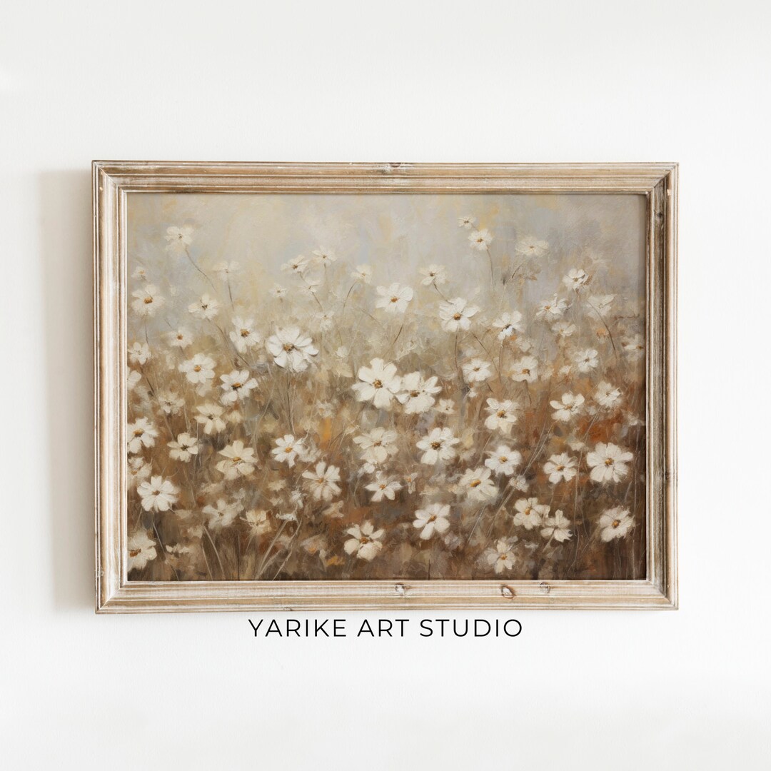 Rustic White Daisy Field Landscape Oil Painting, Vintage Wildflowers ...