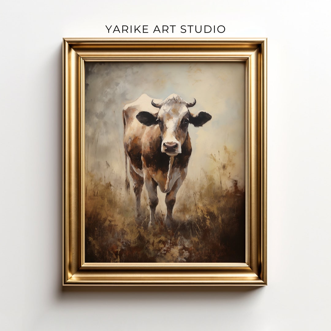 Vintage Cow Print Neutral Country Wall Art Cow Art Rustic Farmhouse Decor Antique Farmhouse Oil ...