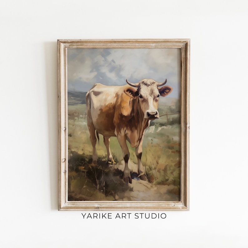 Vintage Cow Print Neutral Country Wall Art Cow Art Rustic Farmhouse Decor Antique Farmhouse Oil ...