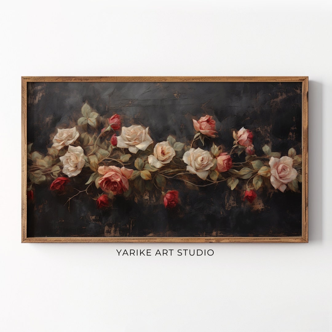 Red & White Roses Valentines Day Frame TV Art, Vintage Floral Oil ...