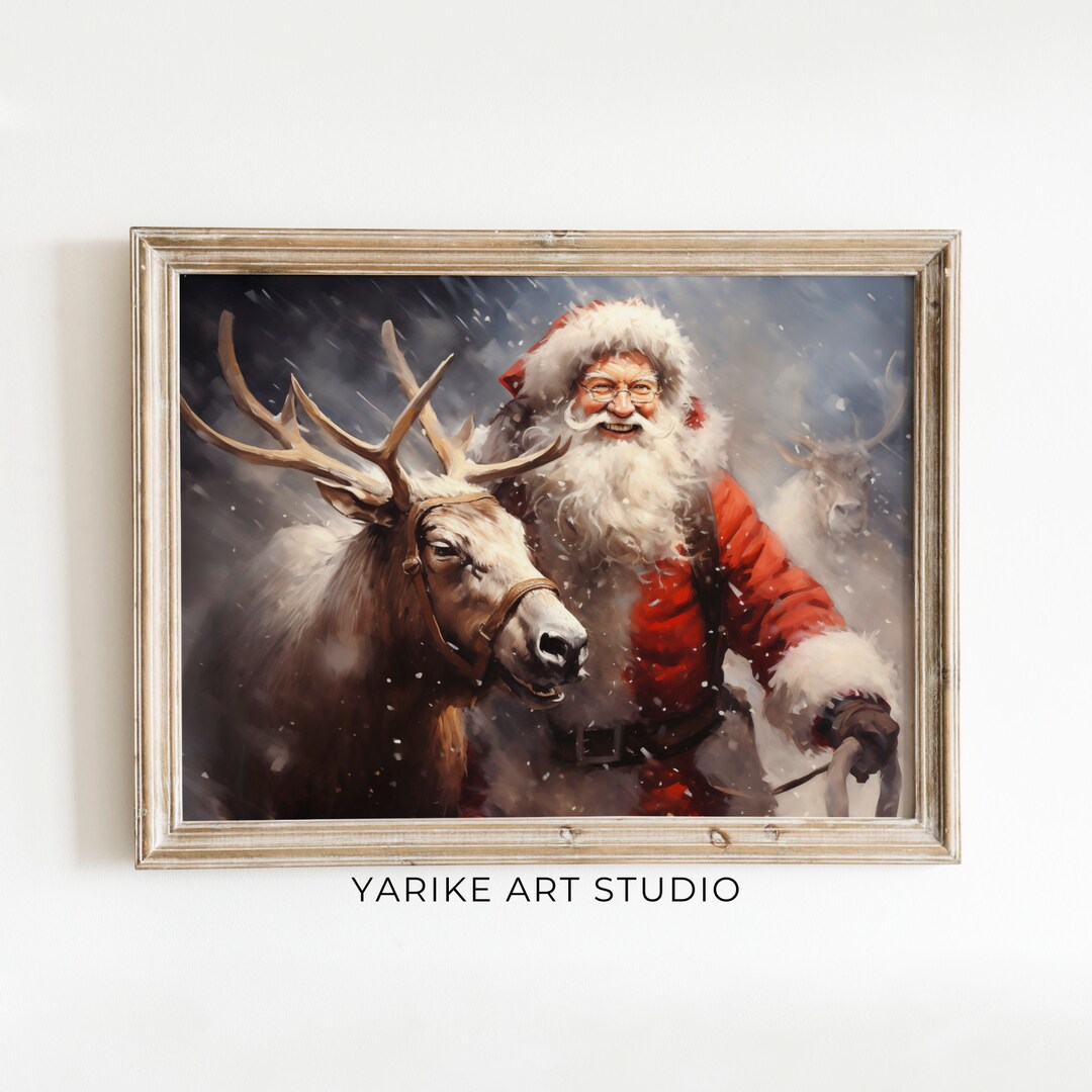 Santa & Reindeer Christmas Oil Painting Art Print (digital Download) - Etsy