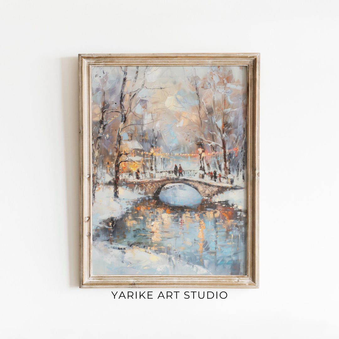 Impressionist Winter Bridge Painting, Vintage Christmas Painting ...