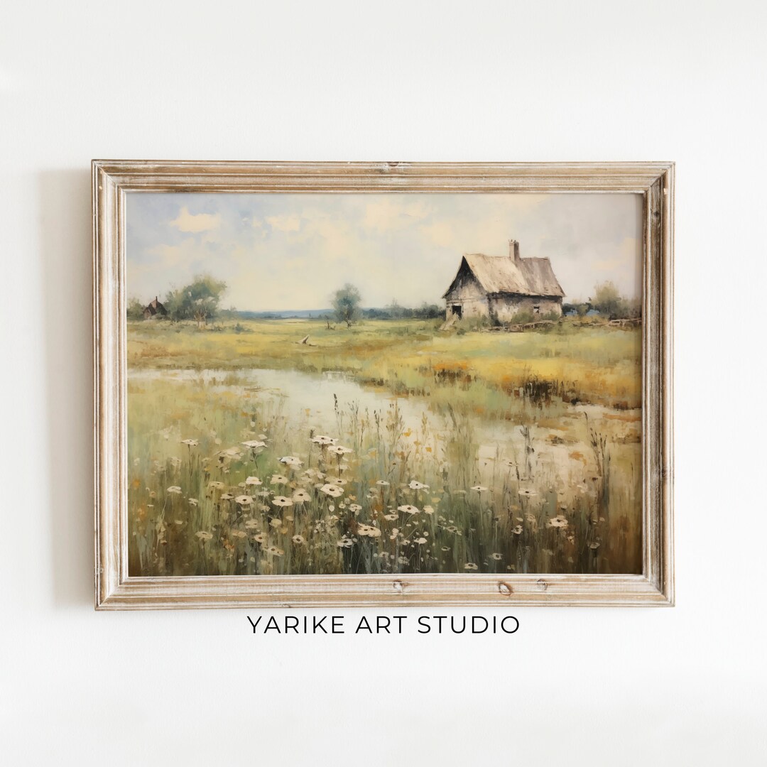 Vintage Countryside Landscape Painting | Rustic Farmhouse Decor ...