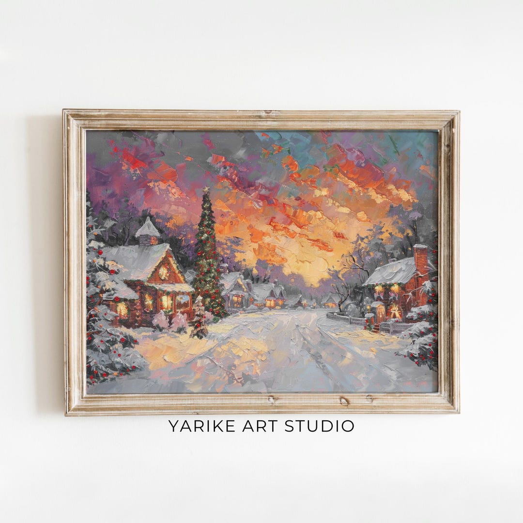 Impressionistic Snowy Village Print, Vintage Christmas Painting ...