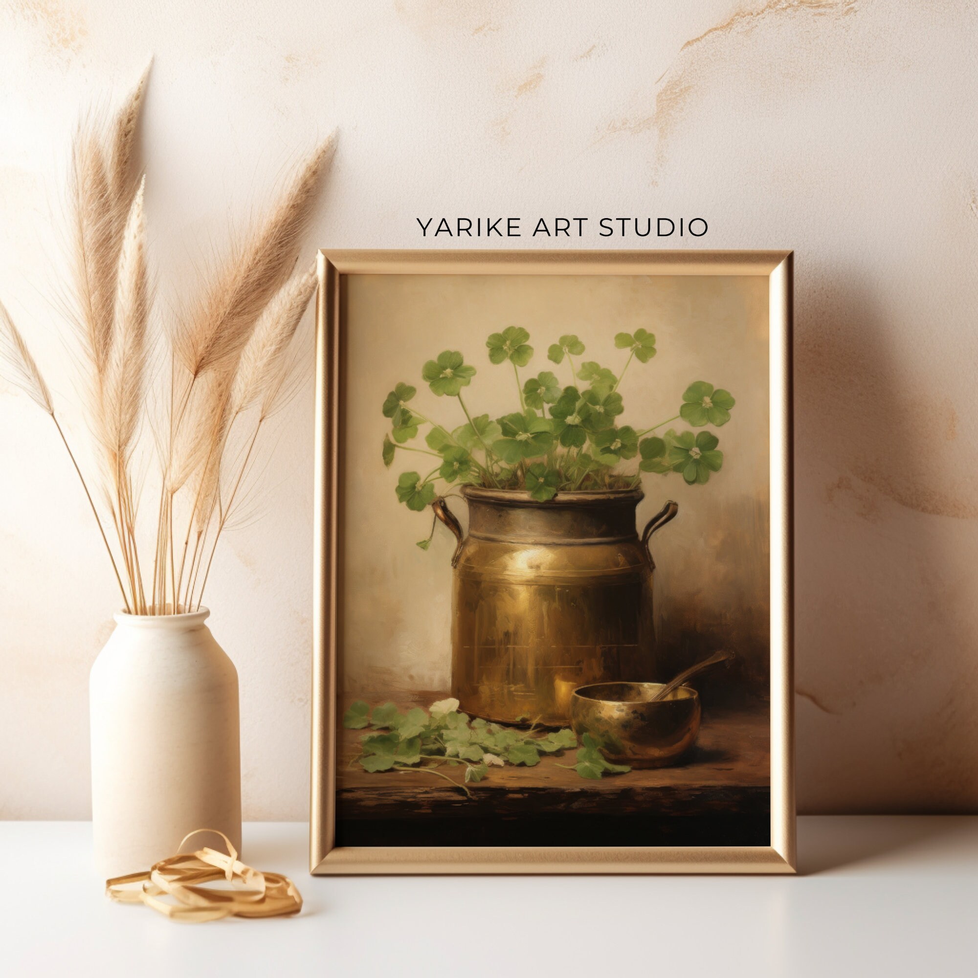 Four Leaf Clover Still Life Painting St Patricks Day Print Vintage ...