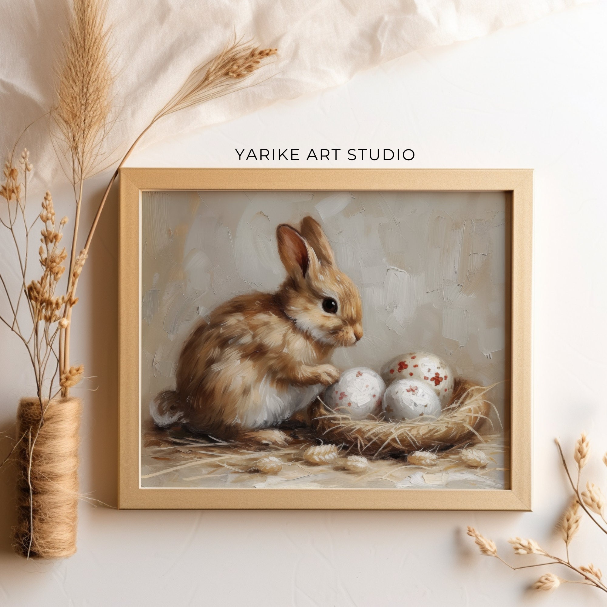 Printable Vintage Easter Bunny Cute Rabbit With Eggs Neutral Easter ...