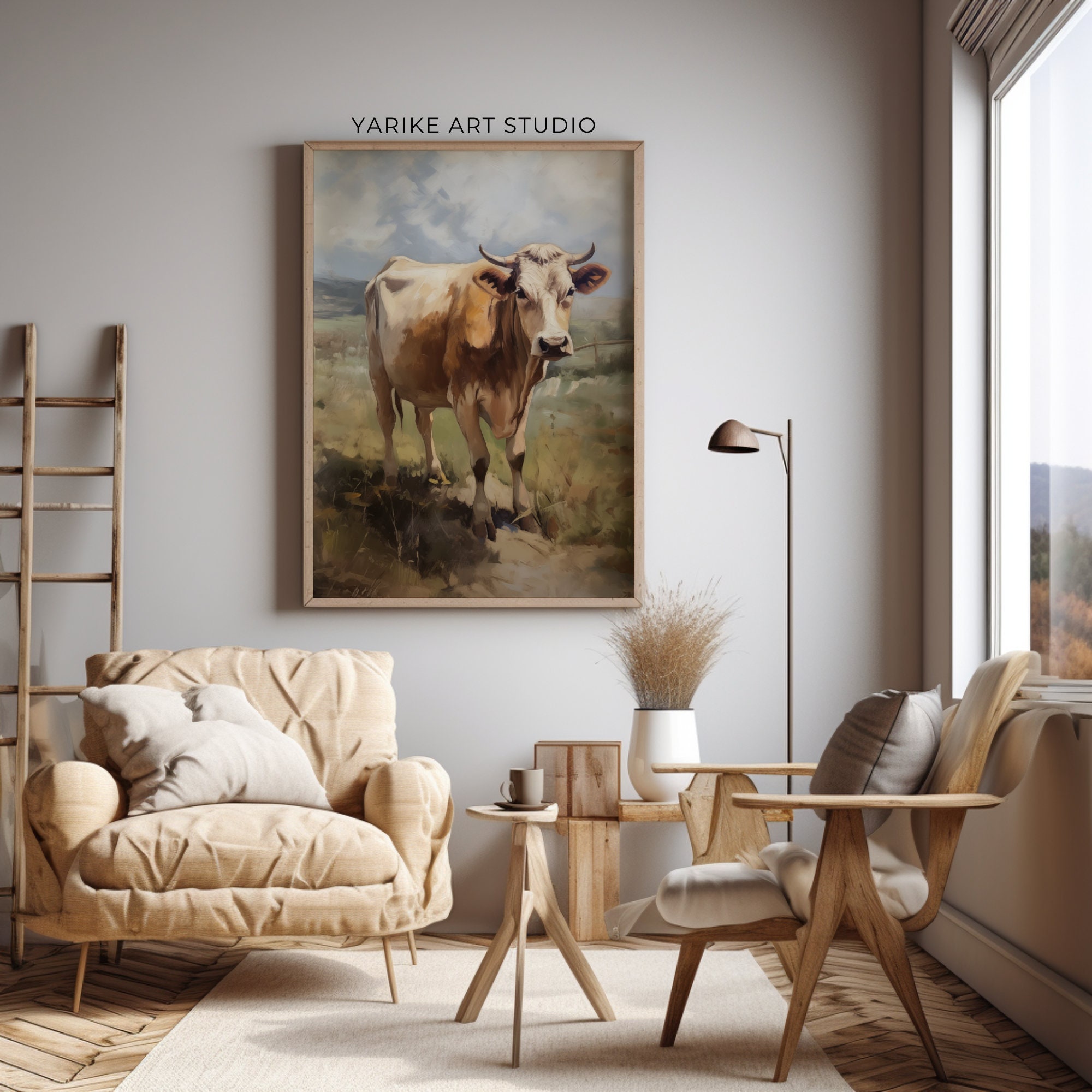 Vintage Cow Print Neutral Country Wall Art Cow Art Rustic Farmhouse Decor Antique Farmhouse Oil ...