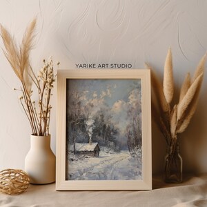Vintage Moody Winter Landscape Oil Painting | Snowy Hunting Lodge Print ...