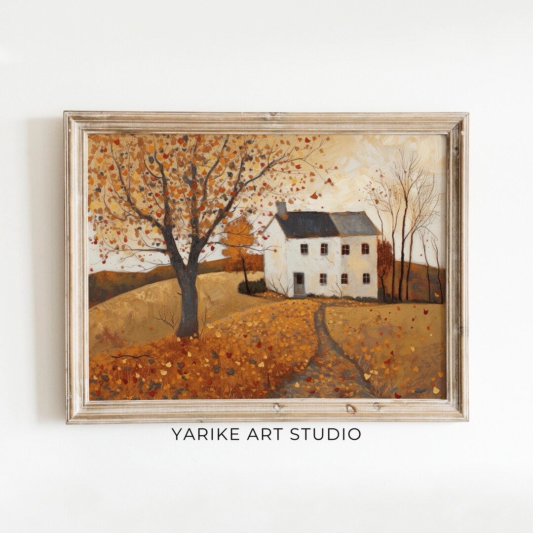 Vintage Folk Art Autumn Print Countryside Stone House Oil Painting ...