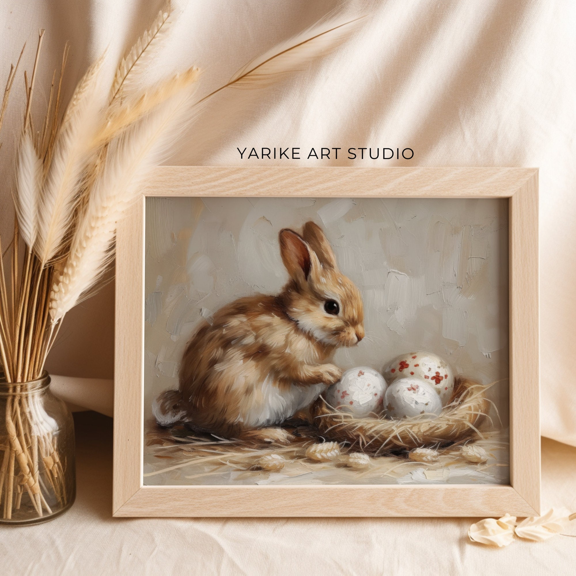 Printable Vintage Easter Bunny Cute Rabbit With Eggs Neutral Easter ...