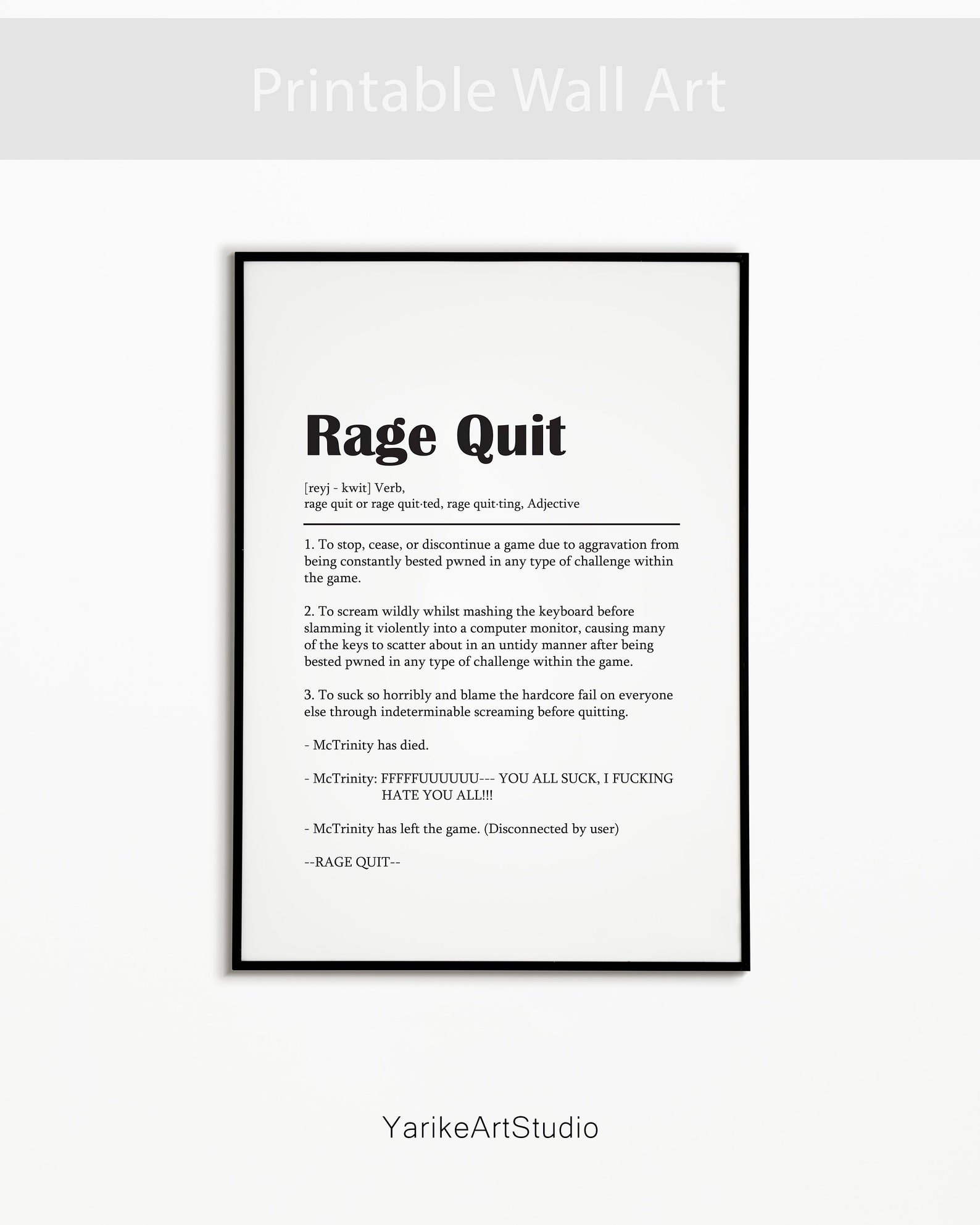 Rage Quit Poster Gaming Prints Gamer Print Gaming Wall Art | Etsy