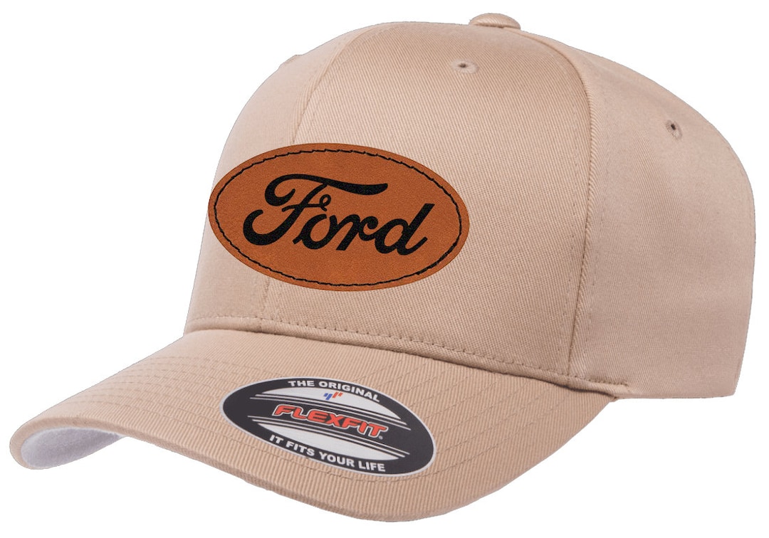 Ford Script Logo Laser Engraved Leather Patch Flexfit 6277 Baseball Hat ...