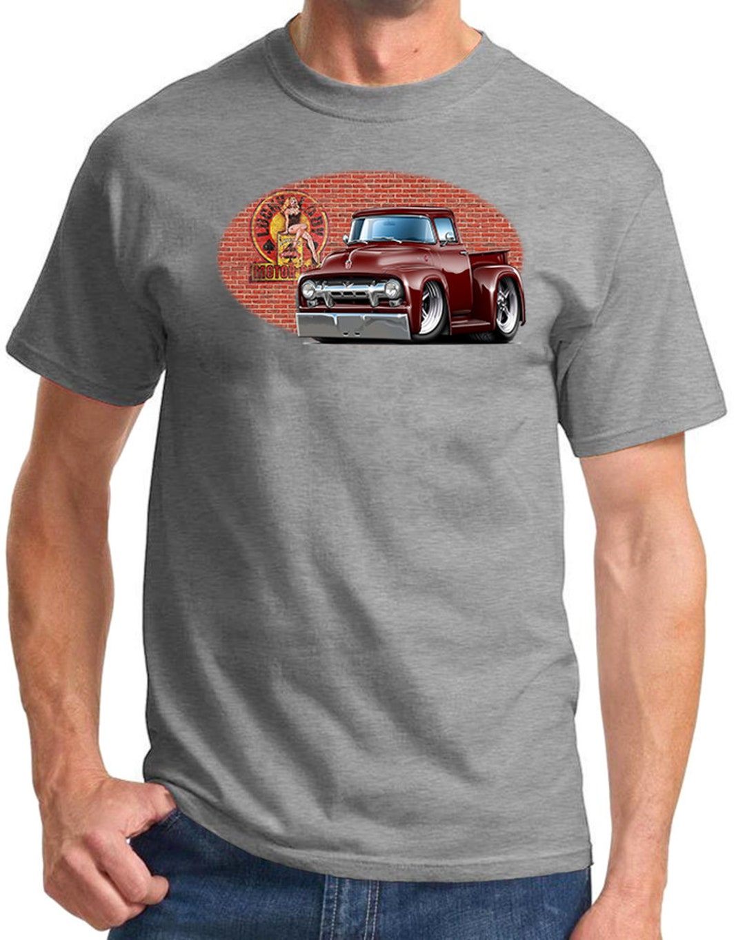 1954 Ford F100 Maroon Pickup Truck Brick Wall Full Color Design Tshirt ...