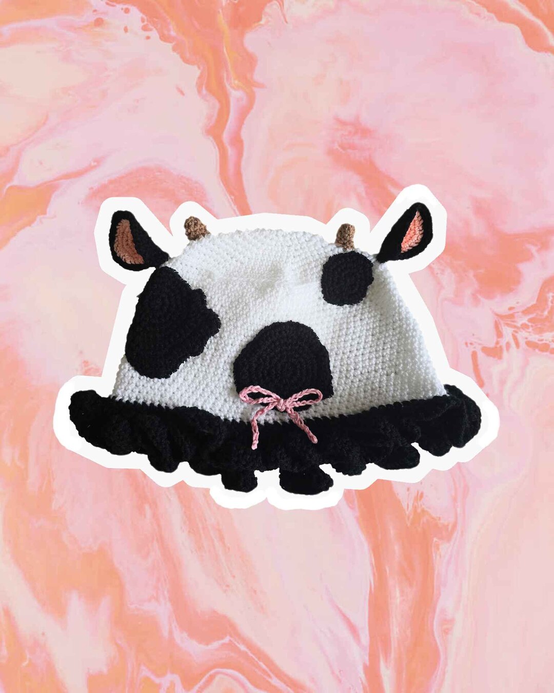 Handmade Crochet Black and White Cow Bucket Hat With Pink Bow - Etsy