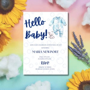 Adorable Blue Baby Shower Invitation Canva Template - Instant Digital ...