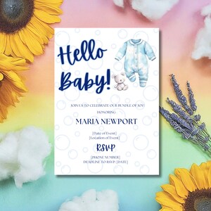 Adorable Blue Baby Shower Invitation Canva Template - Instant Digital ...