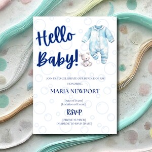 Adorable Blue Baby Shower Invitation Canva Template - Instant Digital ...