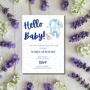 Adorable Blue Baby Shower Invitation Canva Template - Instant Digital ...