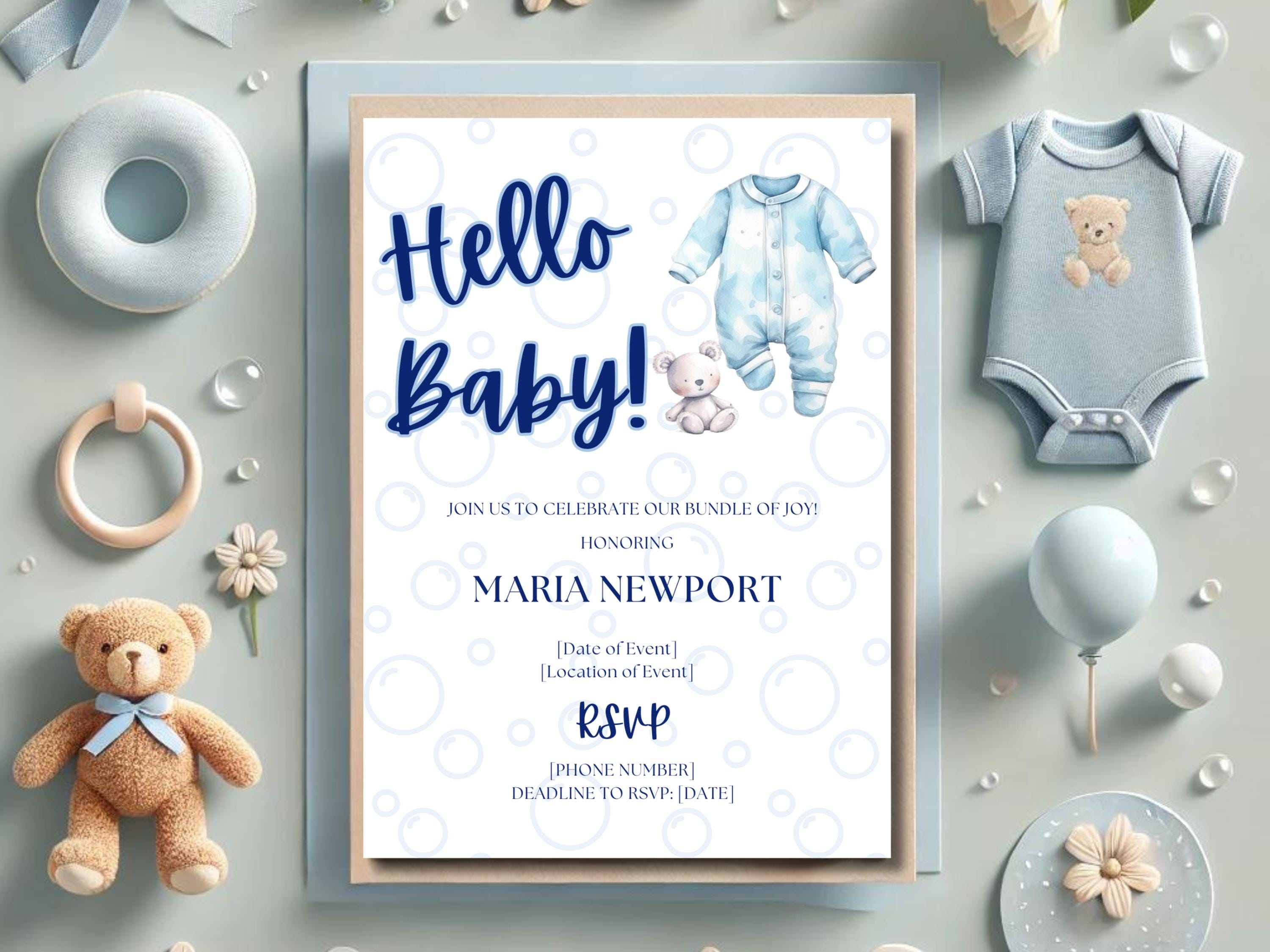 Adorable Blue Baby Shower Invitation Canva Template - Instant Digital ...
