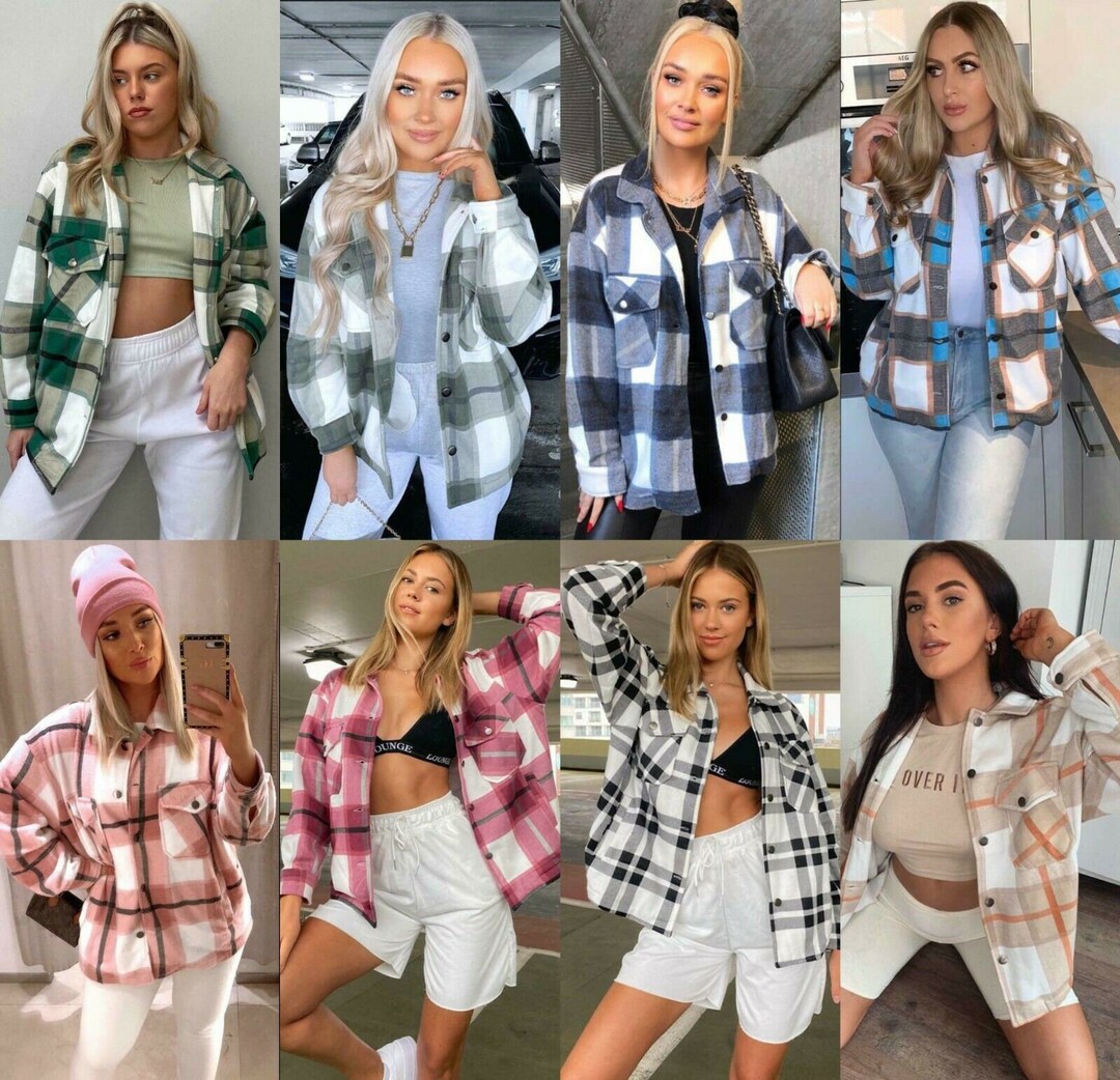 Womens Ladies Check Fleece Oversize Shacket Baggy Shirt Jacket Top ...